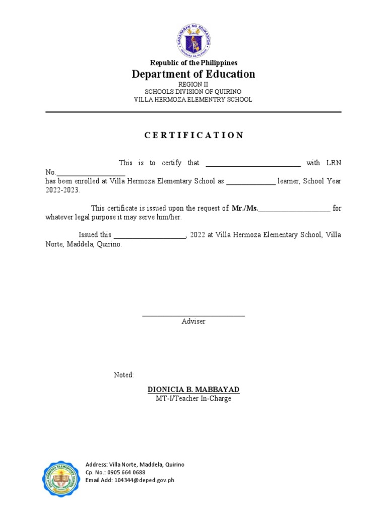 Villa Hermoza Elementary School Certification | PDF | Public Services ...