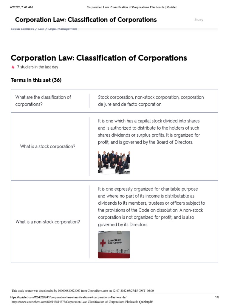 Corporation Law Classification of Corporations Flashcards Quizlet PDF ...