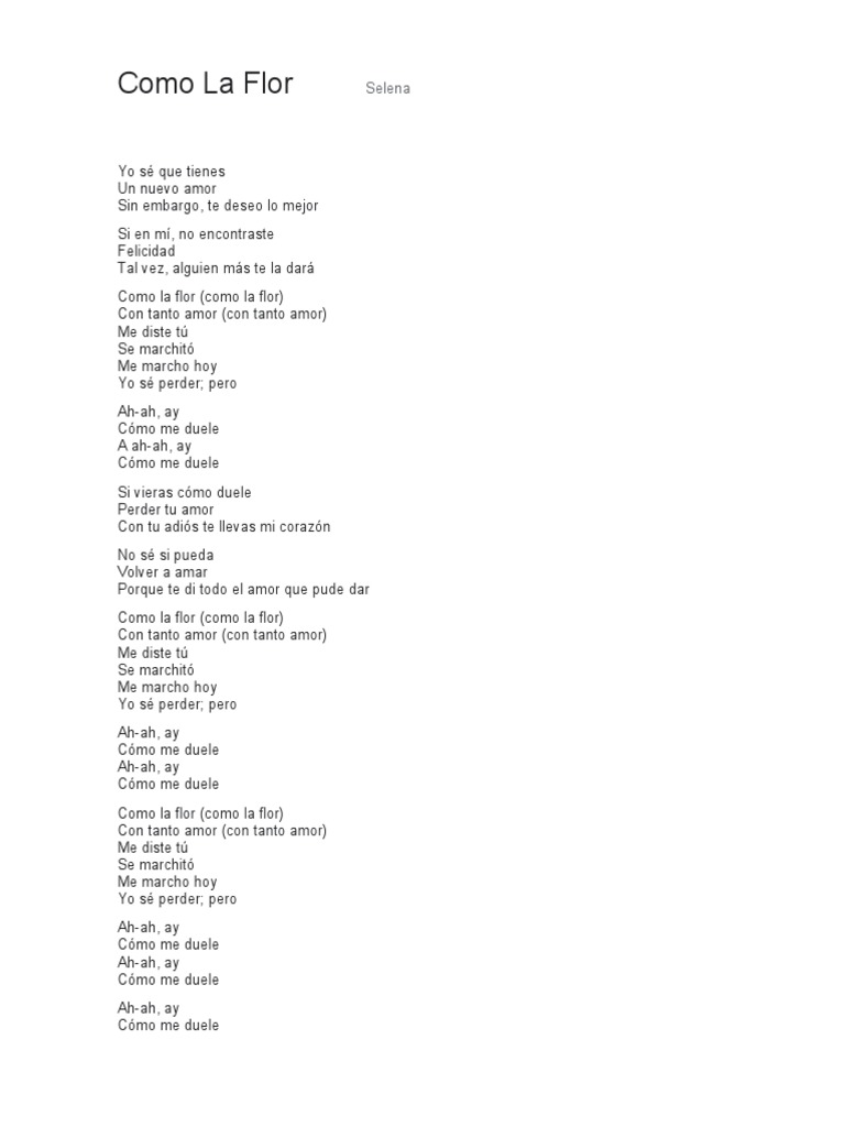 Letra de "Como La Flor" de Selena | PDF