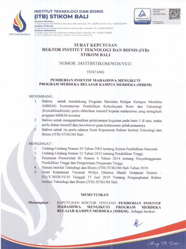 SK Pemberian Insentif Mahasiswa Mengikuti Program Merdeka Belajar ...