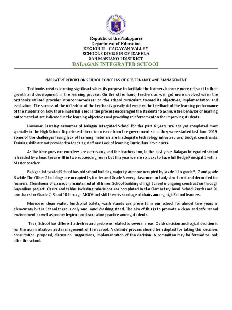 Sip Narrative Report | PDF | Teachers | Schools