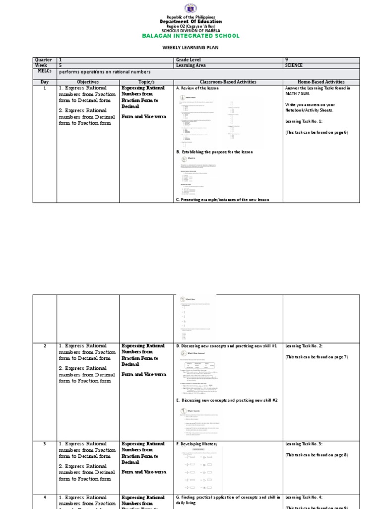 WLP Q1 W5 G7-Math | PDF | Decimal | Learning