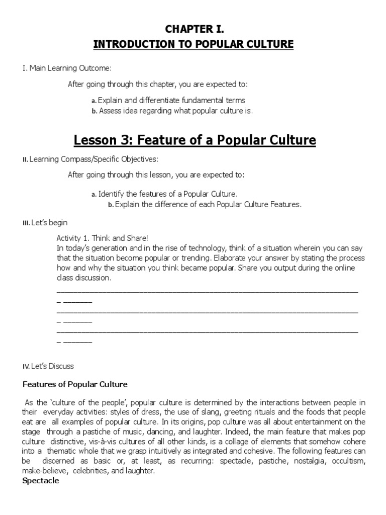 Lesson 3 Features of Popular Culture | PDF