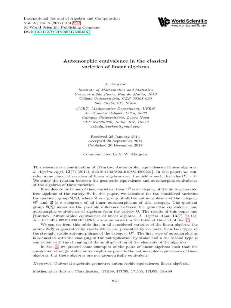 Automorphic Equivalence In The Classical Varieties Of Linear Algebras Pdf Linear Map Ring