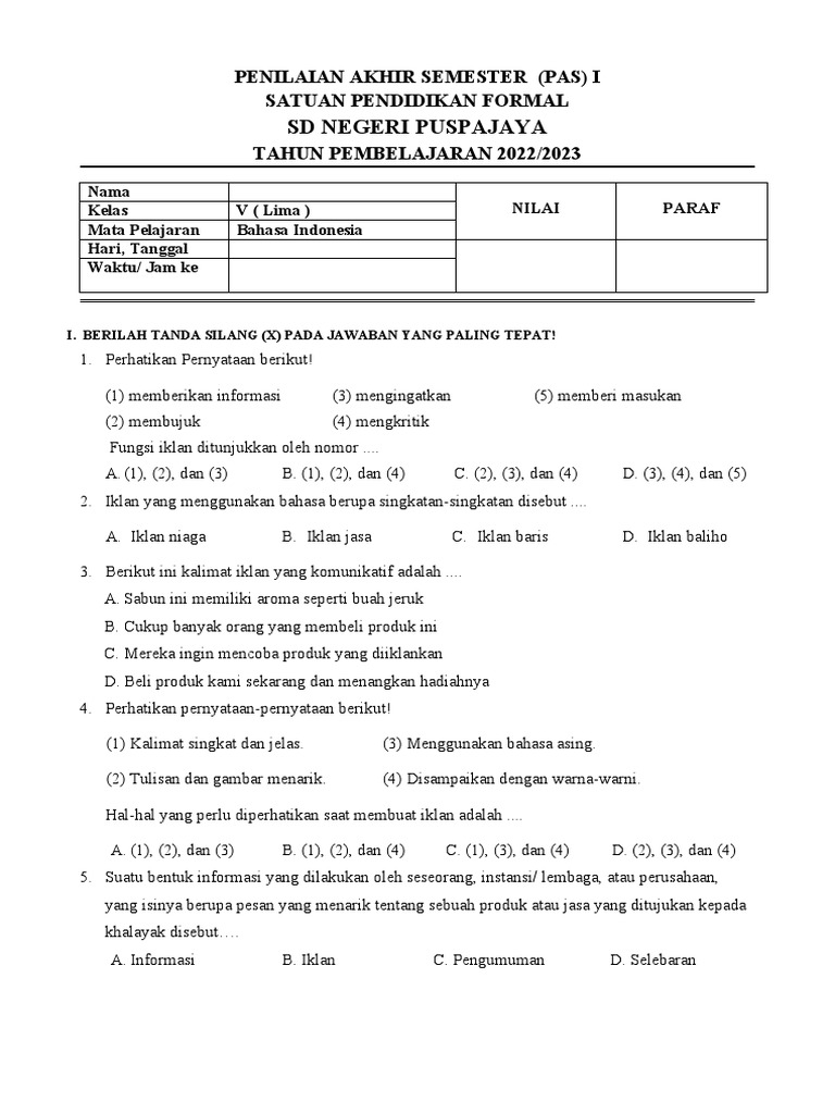 Soal & Jawaban Pas Kelas 5 B. Indo 2022 | PDF