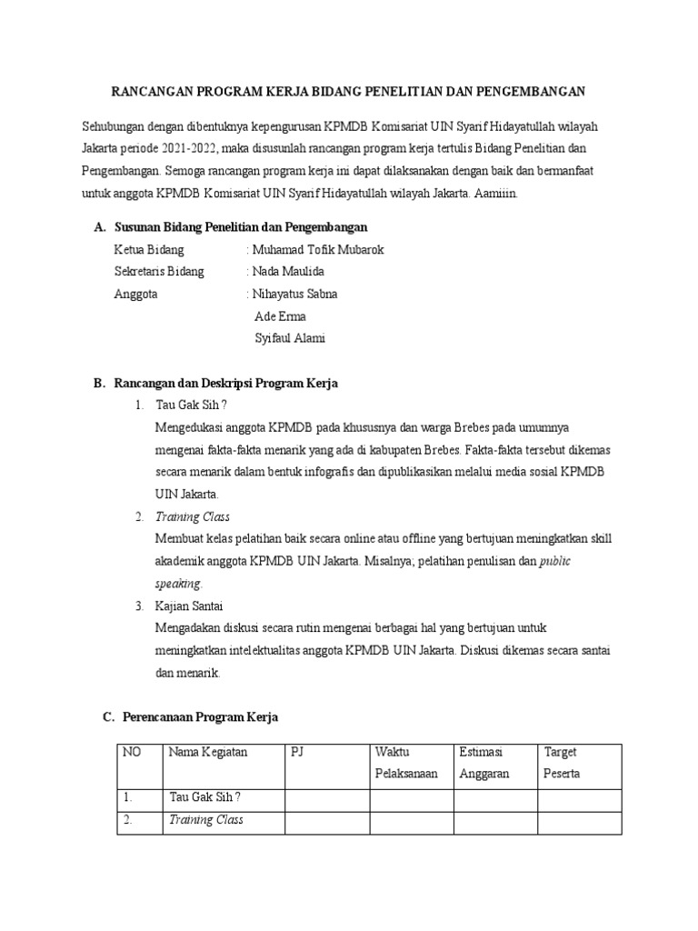 Rancangan Program Kerja Bidang Penelitian Dan Pengembangan | PDF