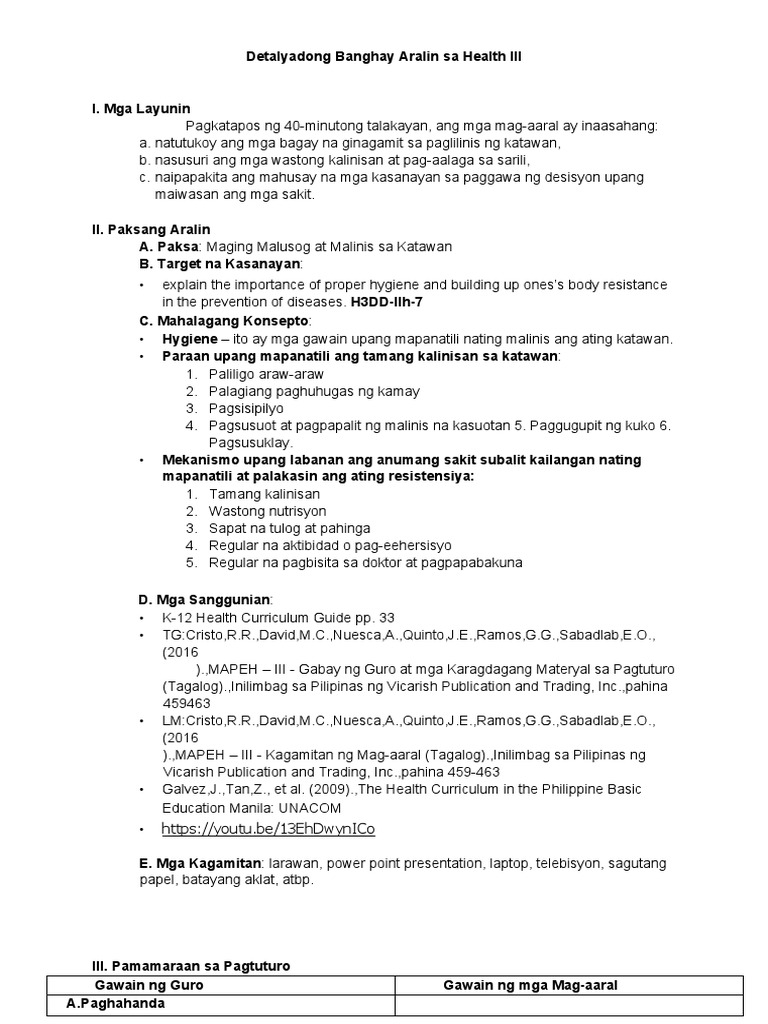 Detalyadong Banghay Aralin Sa Health III Corrected | PDF
