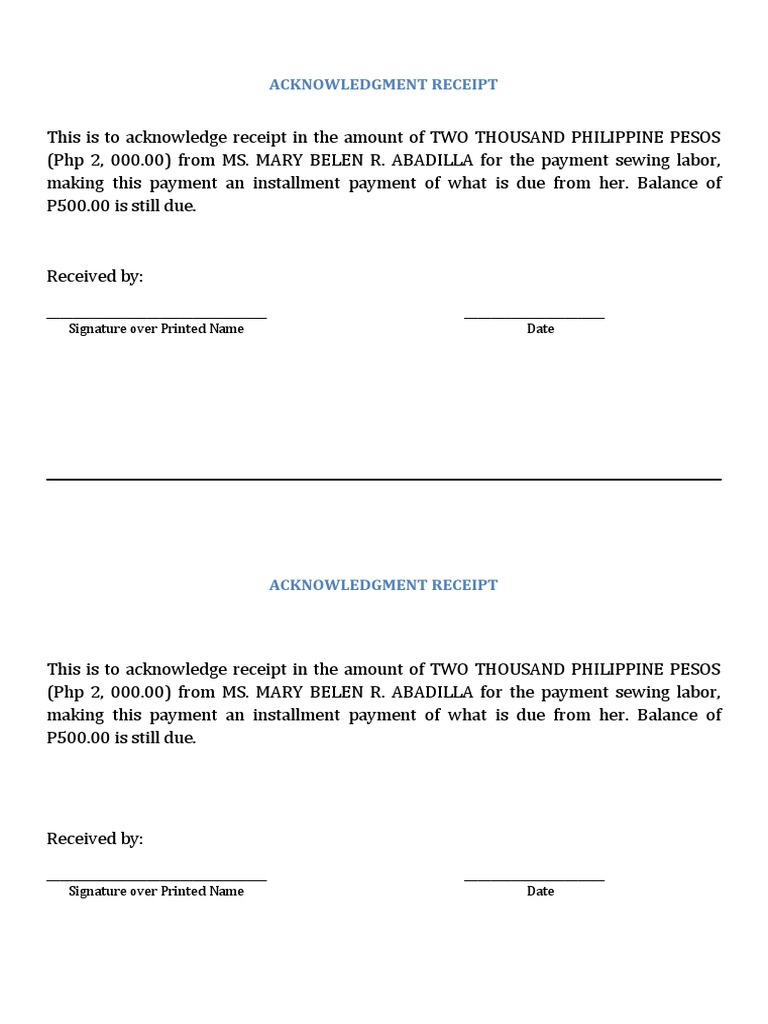 Acknowledgment Receipt Sewing Labor | PDF