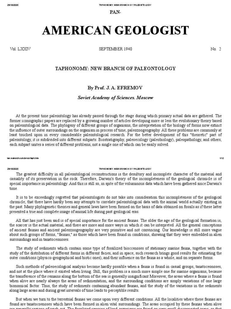 TAPHONOMY - NEW BRANCH OF PALEONTOLOGY - Efremov 1940 | PDF ...