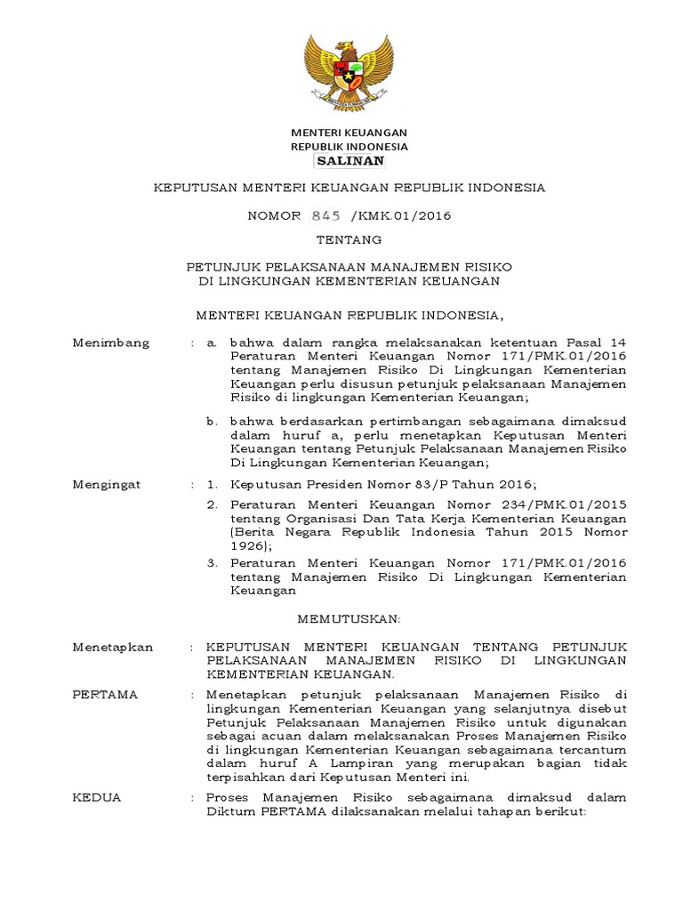 KMK Nomor 845 KMK.01 2016 Tentang Juklak Manajemen Risiko - Fullwarna | PDF