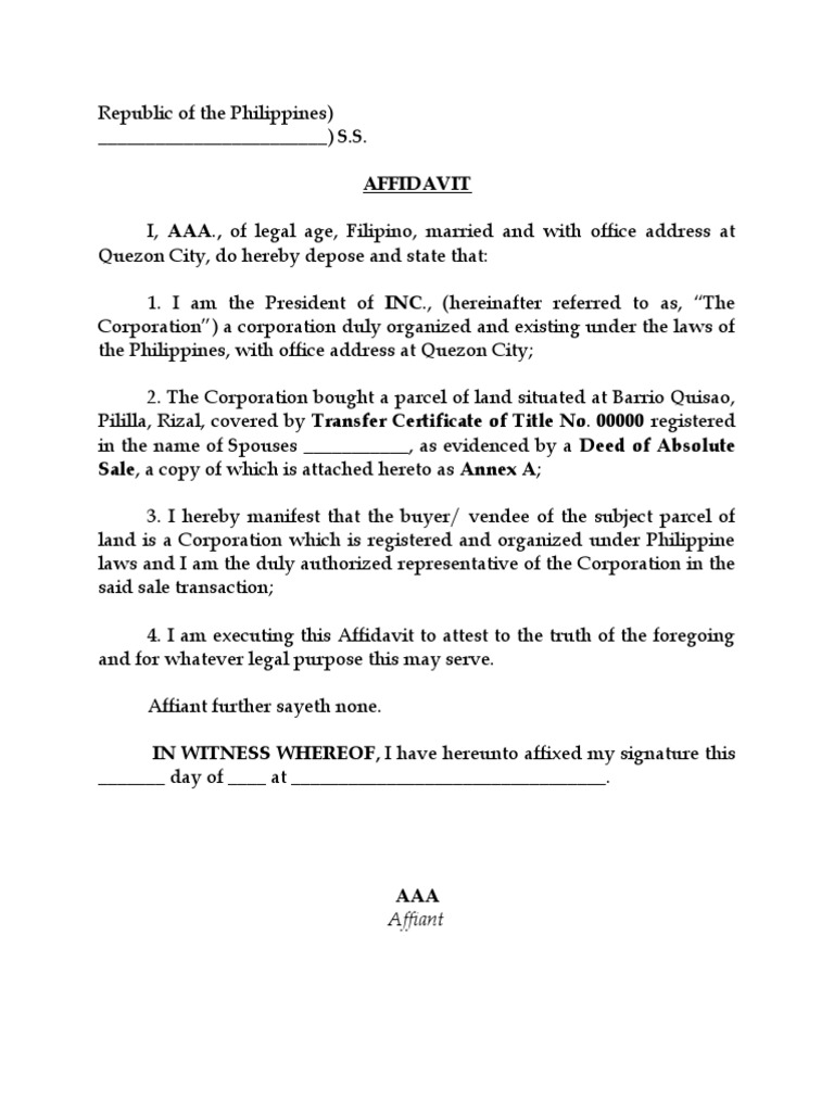 Affidavit - Sale Pililla, Rizal | PDF