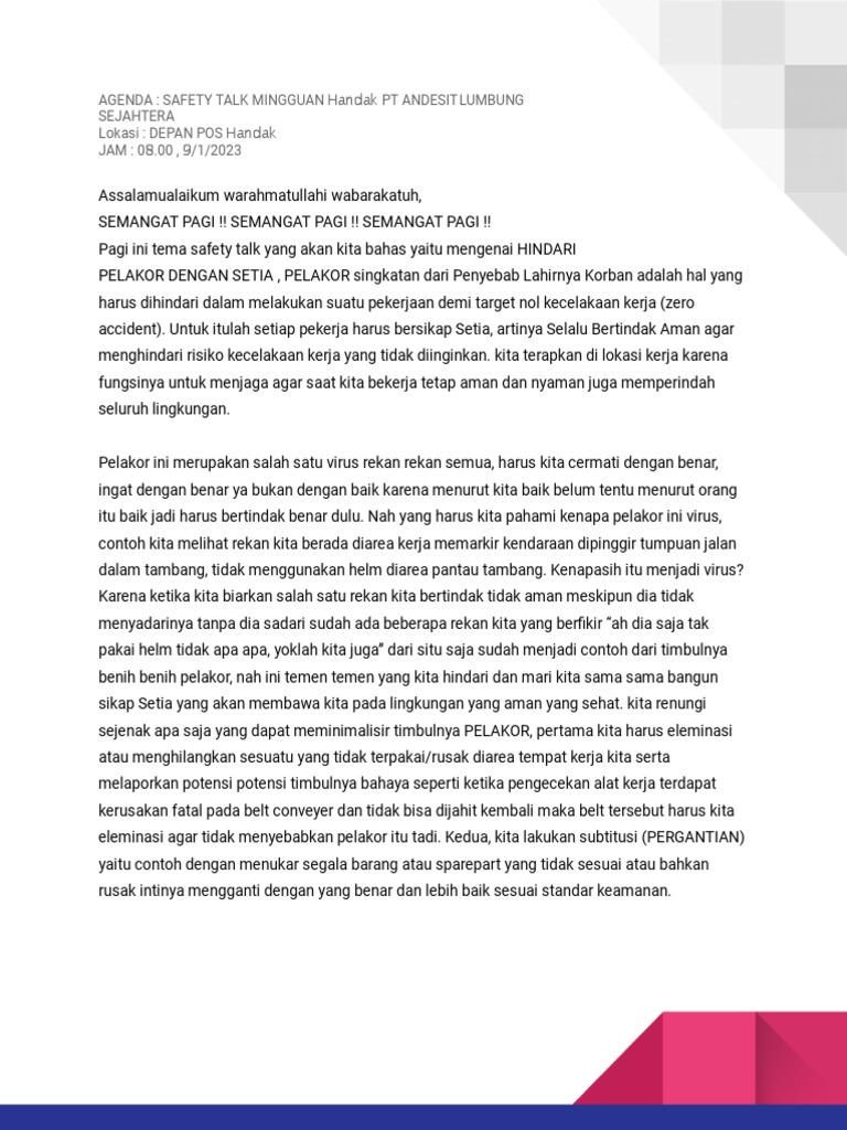 Agenda: Safety Talk Mingguan Handak PT Andesitlumbung Sejahtera Lokasi ...