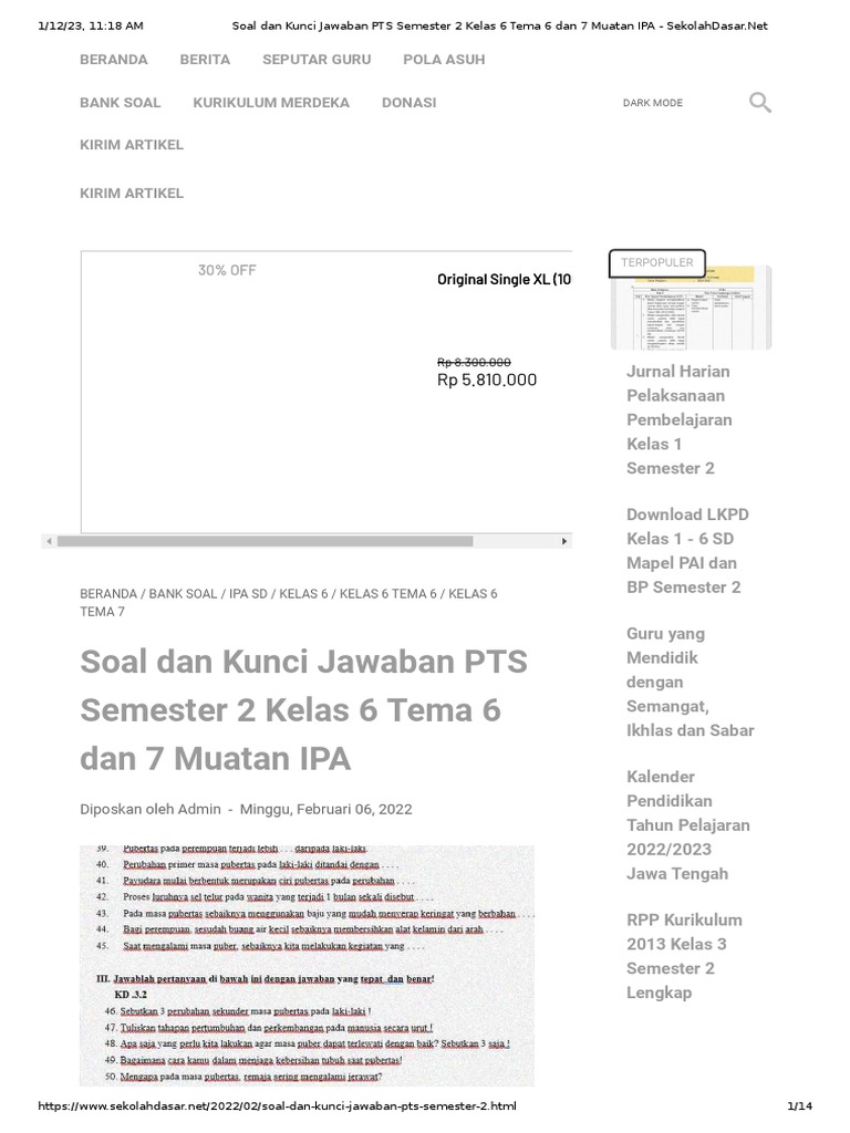 Soal Dan Kunci Jawaban PTS Semester 2 Kelas 6 Tema 6 Dan 7 Muatan IPA | PDF