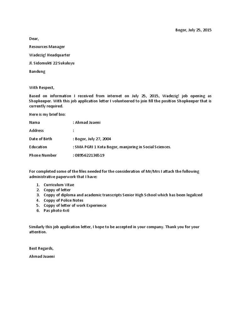 Application Letter Ahmad Juaeni 053122-1 | PDF