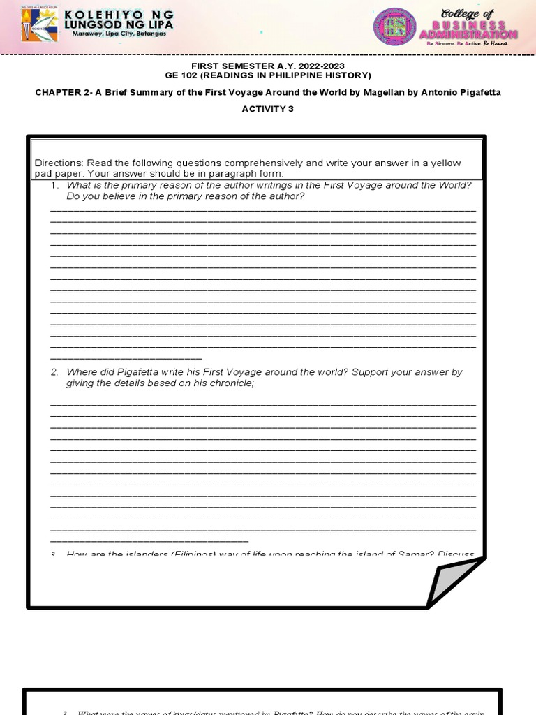 RPH Chapter 2 Activity 3 A Brief Summary of The First Voyage Around The ...