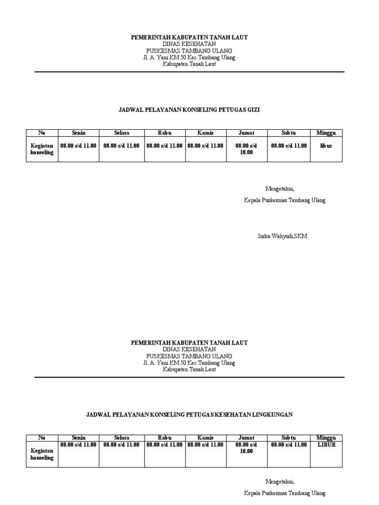 Jadwal Pelayanan Konseling | PDF | Kesehatan Holistik