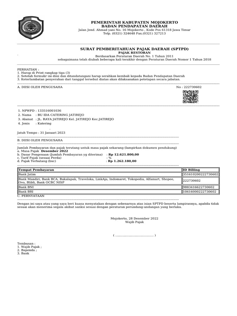 SPTPD SELF OPD KAB MOJOKERTO (Desember 2022) | PDF