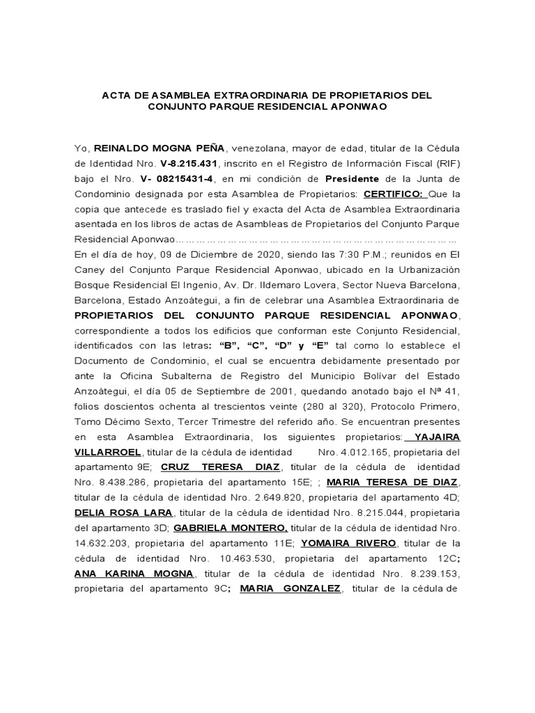 Acta de Asamblea de Aponwao Diciembre 2020 | PDF | Condominio