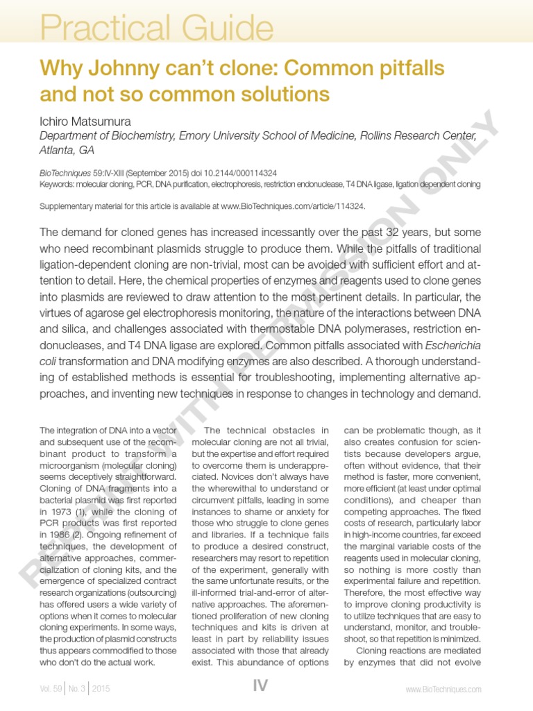 Why Johnny Can't Clone: Common Pitfalls and Not So Common Solutions | PDF | Dna Ligase | Gel ...