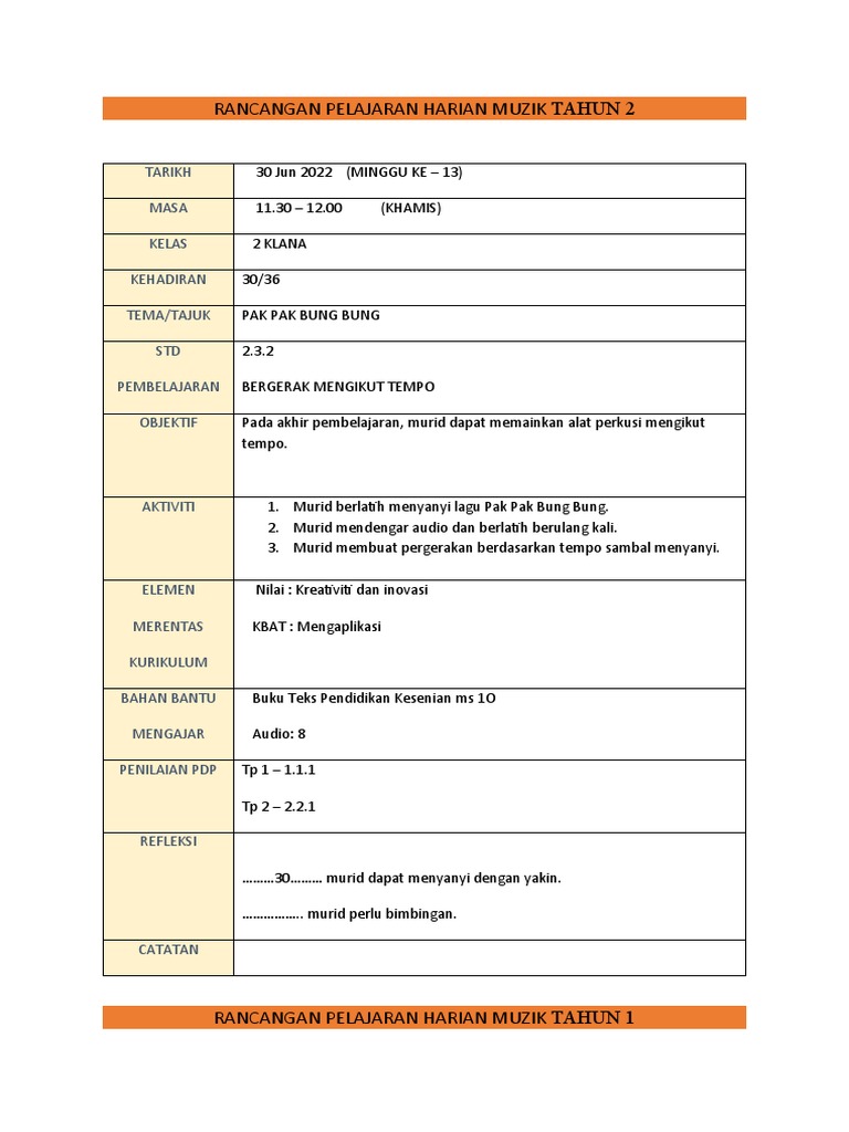 Rancangan Pelajaran Harian Muzik Tahun 2 | PDF