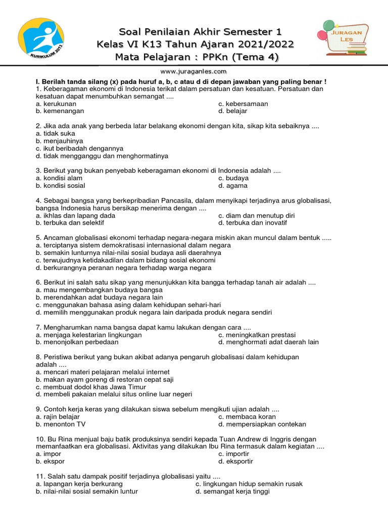 Soal PPKN Kelas 6 Semester 1 (Tema 4) 2021 | PDF