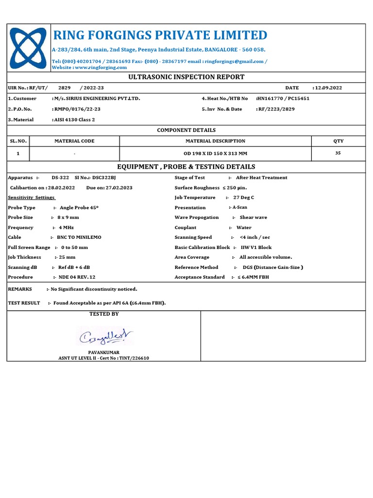 Ultrasonic Inspection Report for 35 Pieces of AISI 4130 Class 2 ...