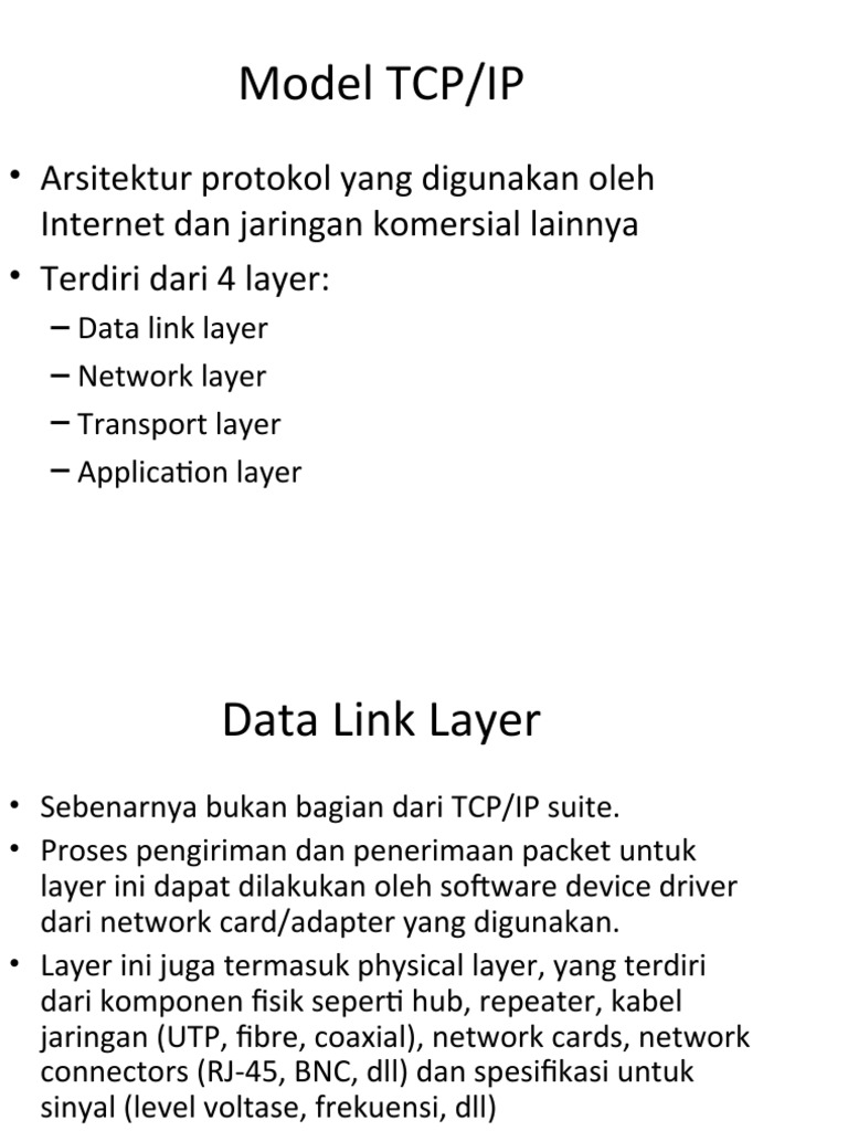Model TCP/IP: - Arsitektur Protokol Yang Digunakan Oleh Internet Dan Jaringan Komersial Lainnya ...