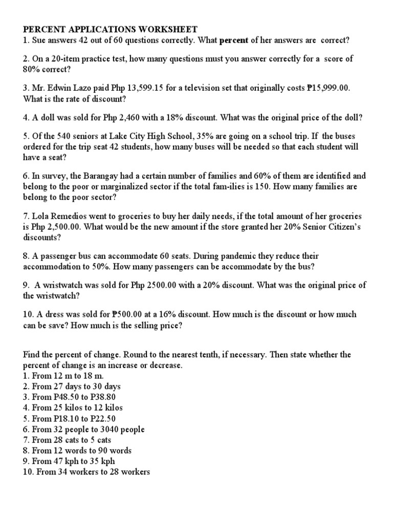 Percentage Application Worksheet | PDF