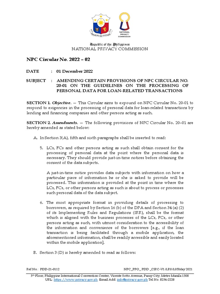 2022 NPC Circular No. 02 Amending NPC Circular 2020-01 Guidelines On Loan Related Transactions ...