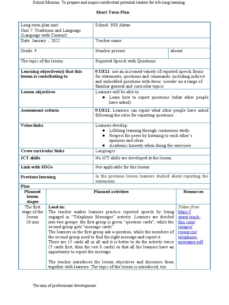 Reported Speech Lesson Plan for Grade 9 | PDF | Learning | Teachers