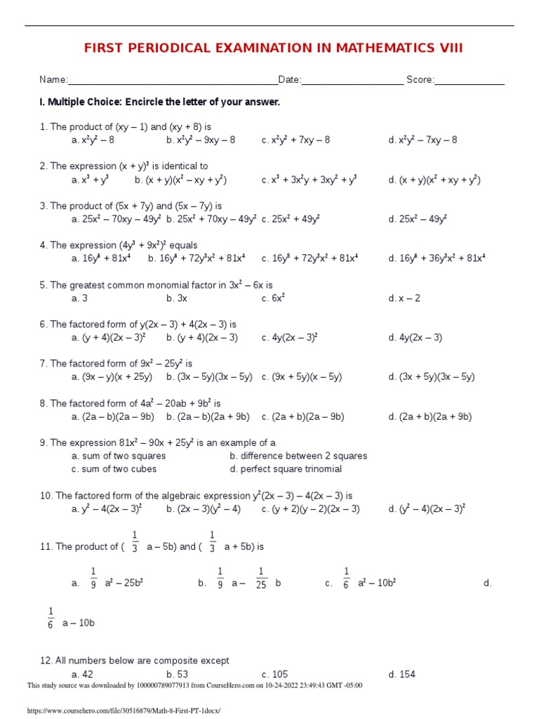 Math 8 First PT 1 | PDF | Algebra | Abstract Algebra