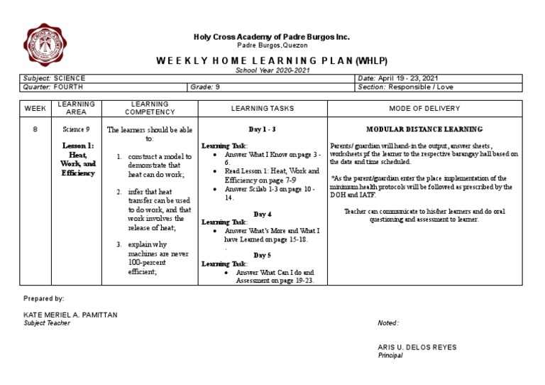 Weekly Learning Plan Science 9 q4 Week 8 | PDF | Pedagogy | Education Theory