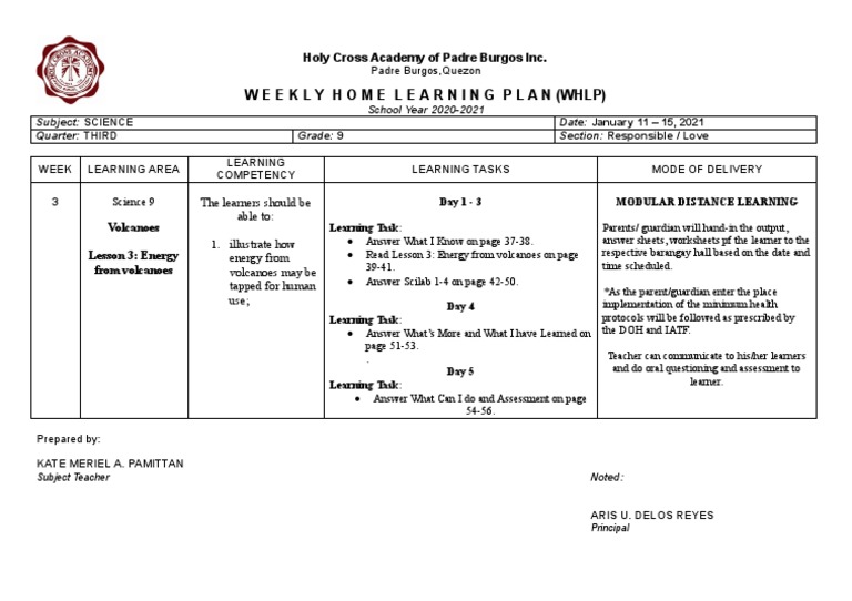 Weekly Learning Plan Science 9 q3 Week 3 | PDF | Teaching | Pedagogy