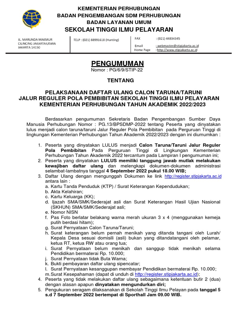PENGUMUMAN Daftar Ulang Polbit 2022 | PDF