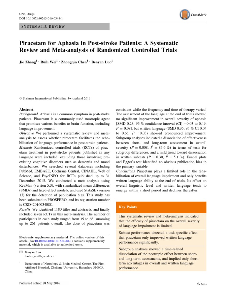 Piracetam For Aphasia in Post-Stroke Patients - A Systematic Review and ...