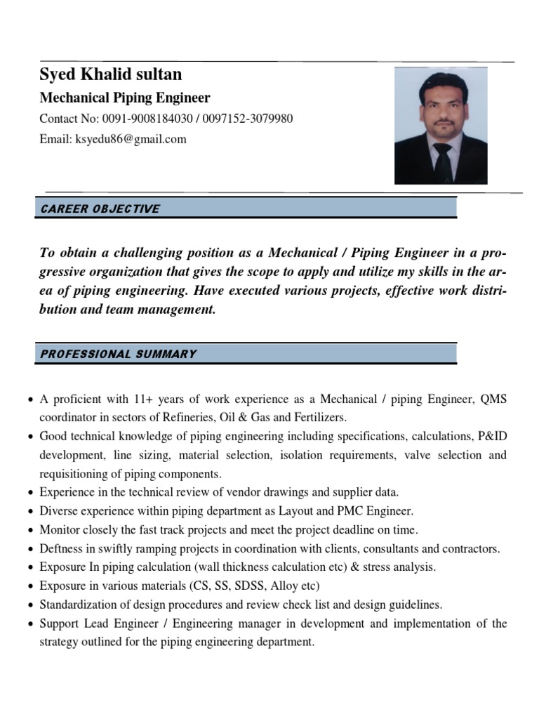 Resume Piping Engineer-Sks01 | Download Free PDF | Engineering | Specification (Technical Standard)