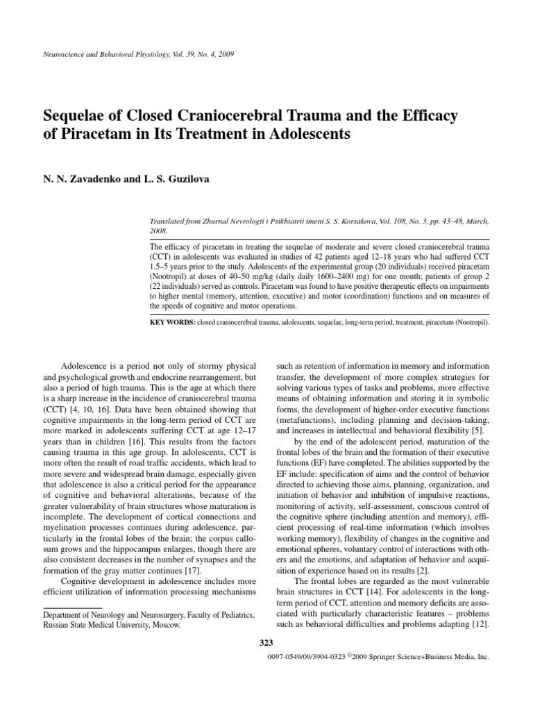 Sequelae of Closed Craniocerebral Trauma and The Efficacy of Piracetam ...