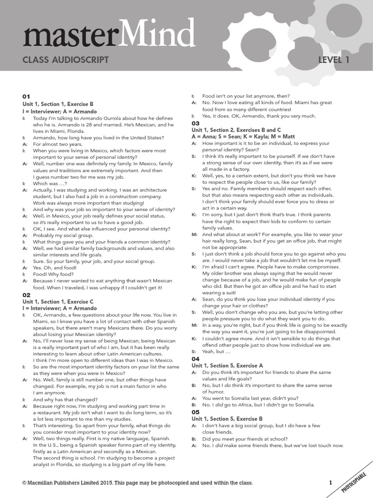Mastermind 1 Student's Book Audioscript | Download Free PDF | Happiness | Water