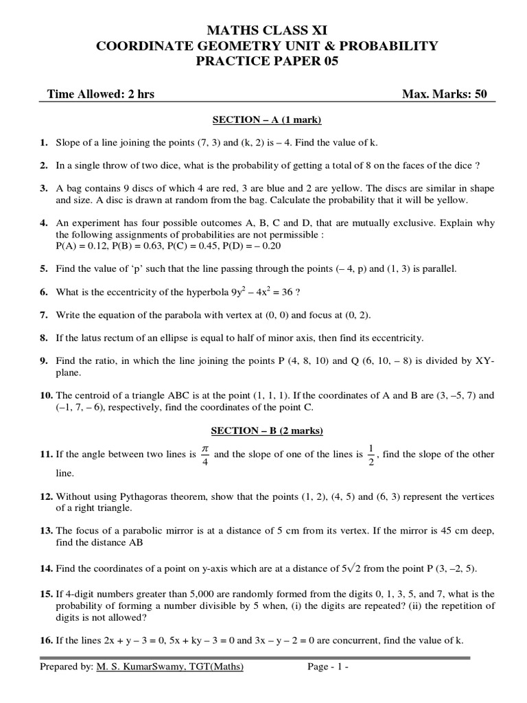 Maths Class Xi Coordinate Geometry Unit Probability Practice Paper 05 ...