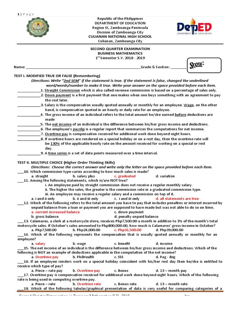 Business Math 2nd Quarter With Answer Key | PDF | Salary | Overtime