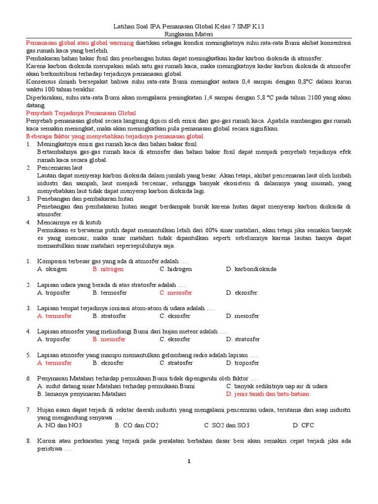Latihan Soal IPA Pemanasan Global Kelas 7 SMP K13 | PDF