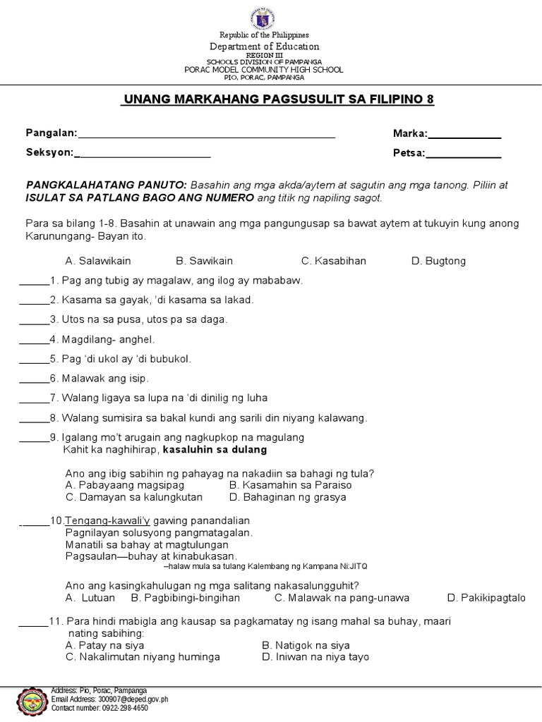 Q2 Mahabang Pagsusulit PABULA FIL9 | PDF
