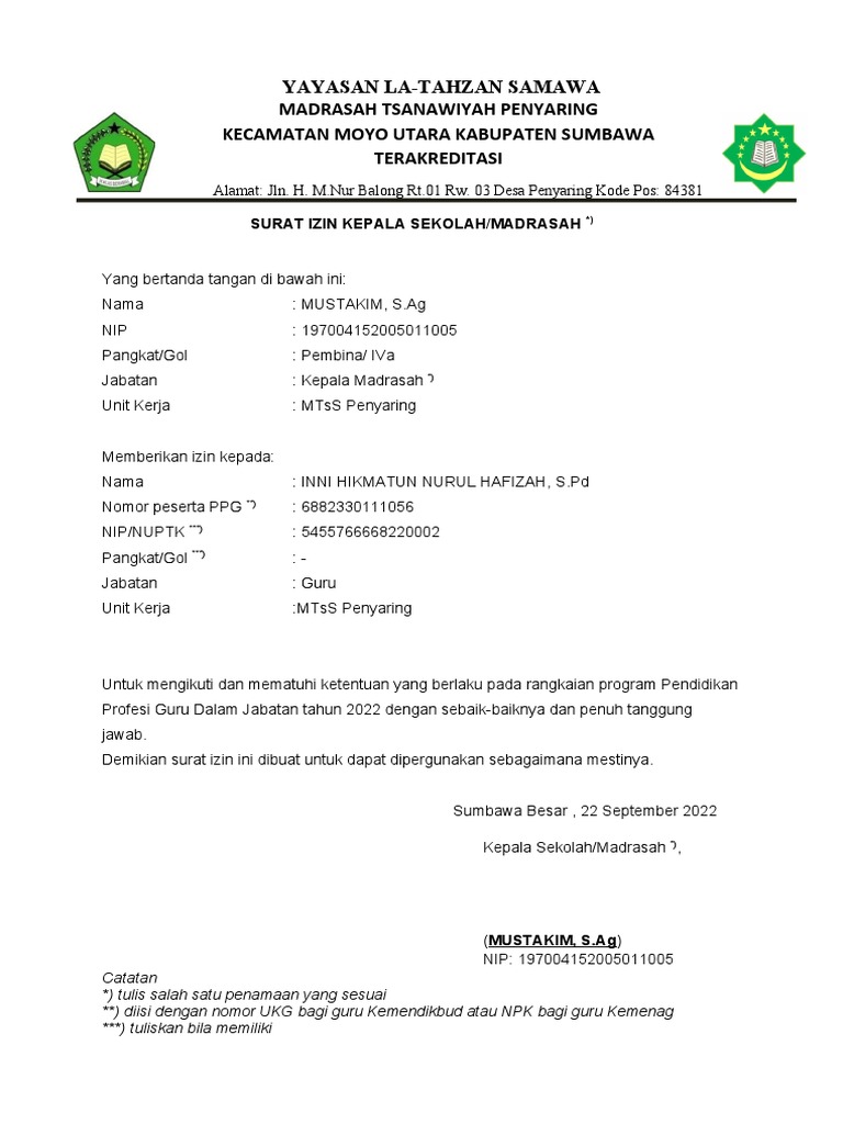 Format Surat Ijin Kepala Sekolah | PDF