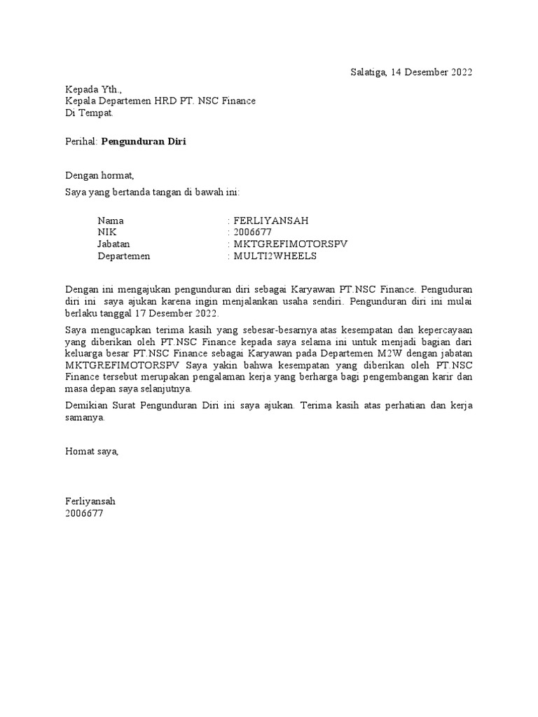 Contoh Surat Pengunduran Diri Karyawan | PDF