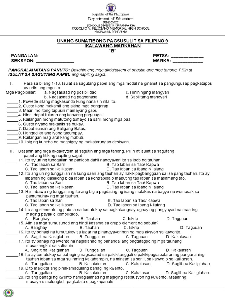 Unang Sumatibong Pagsusulit Sa Filipino 9-Set B | PDF