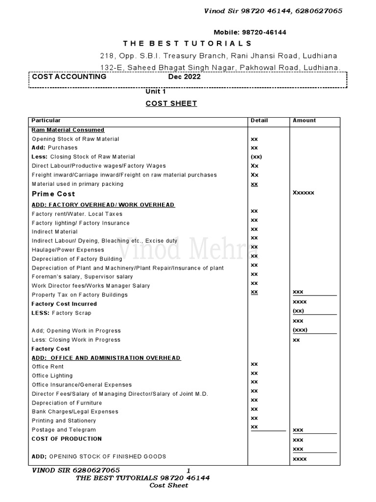 Cost Sheet | PDF