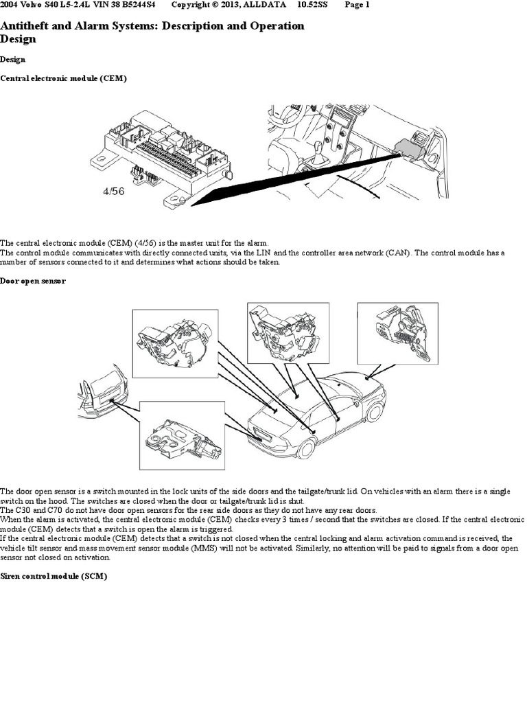 Descripcion y Operacion Alarma Volvo s40 | PDF | Switch | Trunk (Car)