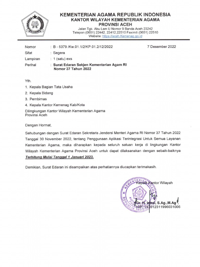 SE Sekjen Kemenag RI Nomor 37 Tahun 2022 | PDF