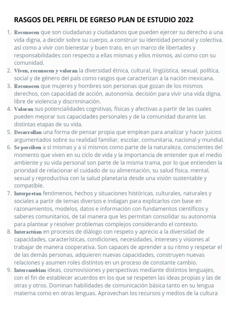 Rasgos Del Perfil de Egreso Plan de Estudio 2022 | PDF | Derechos humanos | Pensamiento