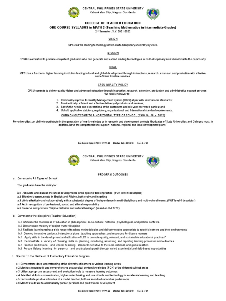 Math Teaching Syllabus for BEED Program | PDF | Teaching Method | Learning